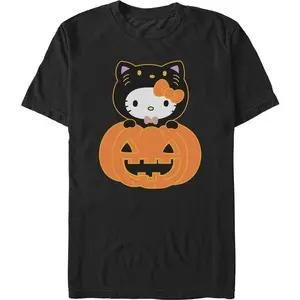 HELLO KITTY Halloween Pumpkin And Kitty T Shirt - Black