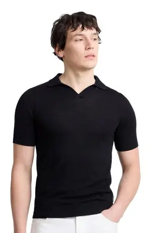 Onia Extra Fine Merino Wool Short Sleeve Johnny Collar Polo - Black