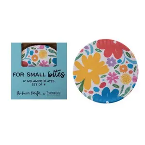 TRANSPAC Melamine Jumbo Floral Appetizer Plates Set Of 4 Tabletop Plate For Spring Serving And Entertaining - Multicolored