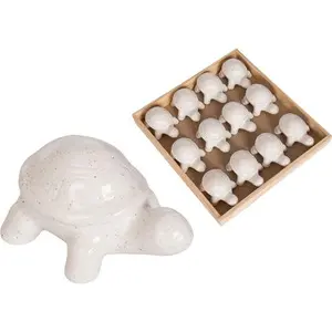 TRANSPAC Mini Ceramic Turtles In Wood Box Set Of 12 Decorative Home Accents For Spring And Seasonal Decor - White