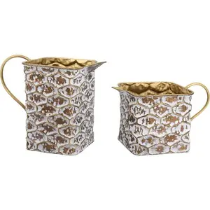 TRANSPAC Metal Honeycomb Square Watering Cans Set Of 2 Decorative Home Accents For Spring And Garden - Multicolored