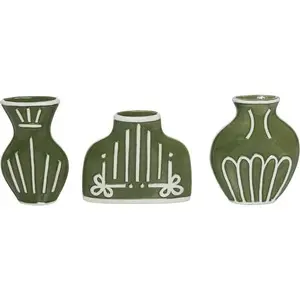 TRANSPAC Dolomite Flat Vases Set Of Green For Floral Display And Home Decor - 3