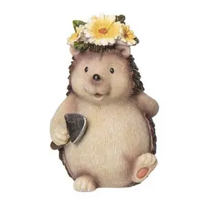 TRANSPAC 5 Inch Spring Flower Crown Hedgehog Figurine Decorative Object Polyresin Spring Decor - Brown