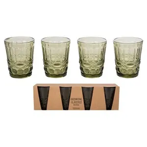 TRANSPAC Embossed Juice Glass Set Of 4 Stylish Drinkware For Home Decor And Spring Gatherings Indoor Use - Green