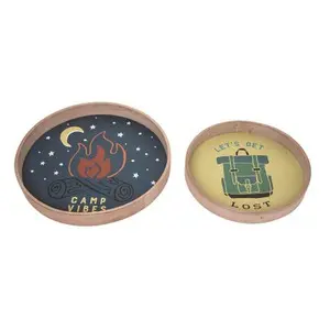 TRANSPAC 16 Inch Multicolor Spring Camp Vibes Nesting Trays Set Of 2 Decorative Wood Trays For Spring Decor - Multicolored