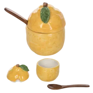 TRANSPAC Ceramic Lemon Sugar Dish With Wood Spoon, Color Dolomite, 4x3x3in, Spring Home Decor - Multi