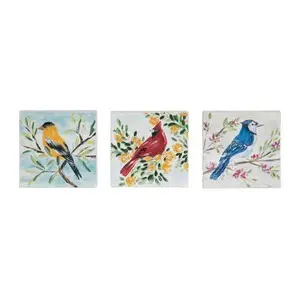 TRANSPAC Wood Blocks Hand Painted Birds Set Of Multicolored For Spring Home Decor - 3