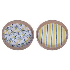 TRANSPAC Wood Serving Tray Citrus Set Of 2 Multicolored For Spring Tabletop Decor - Yellow