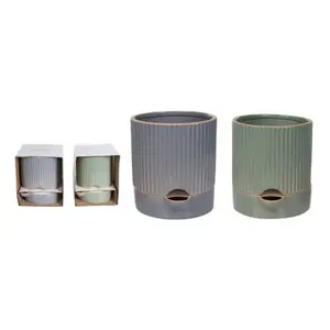 TRANSPAC Large Terracotta Etched Self Water Planter Set Of 2 For Home Decor Spring Planters Terracotta - Multicolored