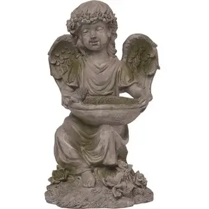 TRANSPAC 13 Inch Spring Angel Birdbath Garden Decor Polyresin Outdoor Bird Baths For Spring - Gray