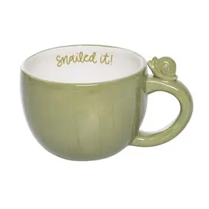 TRANSPAC Ceramic Mug With Snail White And For Spring Serving And Entertaining - Green
