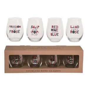 TRANSPAC 18oz Patriotic Stemless Glasses Set Of 4 Perfect For July 4th Celebrations And Drinkware - Clear