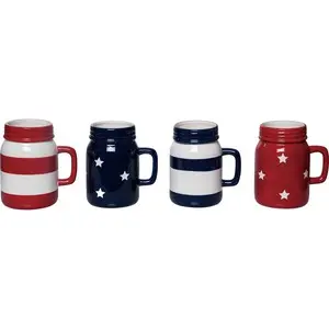 TRANSPAC Ceramic Mason Jar Mug Stars And Stripes Set Of 4 Multicolo For Patriotic Serving And Entertaining - Red