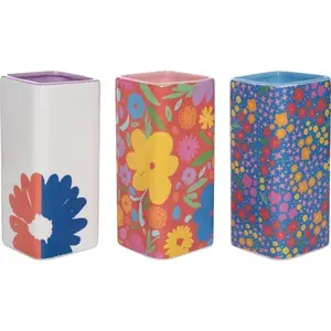TRANSPAC Dolomite Floral Square Vase Set Of Multicolored For Floral Display And Home Decor - 3