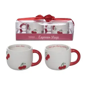 TRANSPAC Dolomite Espresso Cherry Mug Set Of 2 For Spring Serving And Entertaining - Multicolored