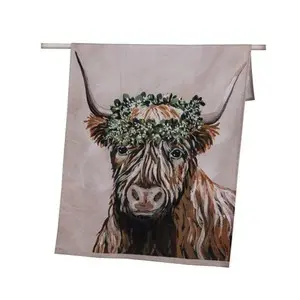 TRANSPAC Fabric Highland Cow With Sage Crown Tea Towel Cotton For Spring Serving And Entertaining - Multicolored