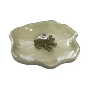 TRANSPAC Ceramic Lily Pad Dish With Frog For Spring Tabletop Decor - Green