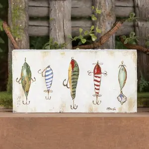 TRANSPAC Mdf Hand Painted Fish Hook Block Decor For Spring Home Decor
