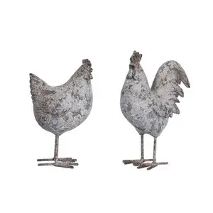 TRANSPAC Resin Distressed Rooster Garden Statue Set Of 2 Multicolored For Spring Home Decor - Gray