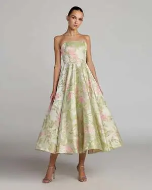Mac Duggal Strapless A-line Midi Dress With Floral Brocade