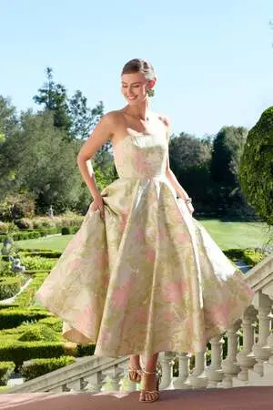 Mac Duggal Strapless A-line Midi Dress With Floral Brocade