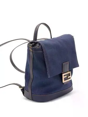 Fendi Ff-plaque Denim Backpack - Blue