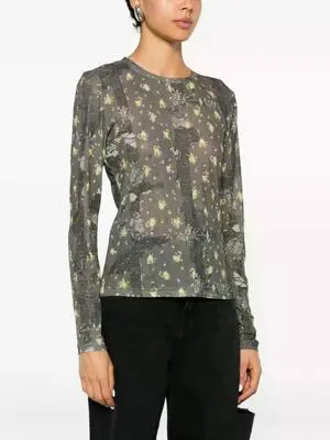 GANNI Floral-print Long-sleeve T-shirt - Green