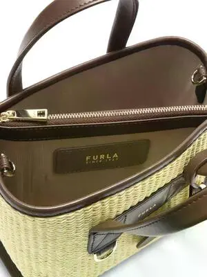 Furla Mini Tote Bag With Woven Texture And Leather Trim - Neutrals
