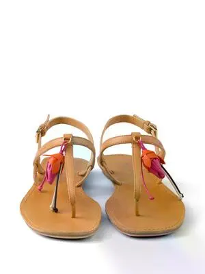 Prada Antiqued Leather Thong Sandals With Floral Ornament - Neutrals