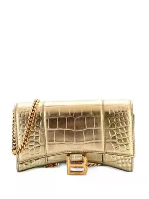 Balenciaga Hourglass Chain Wallet Crocodile Embossed Leather Clutch - Gold