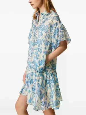 TWINSET Short Floral Print Ramie Shirt Dress - Neutrals