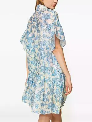 TWINSET Short Floral Print Ramie Shirt Dress - Neutrals