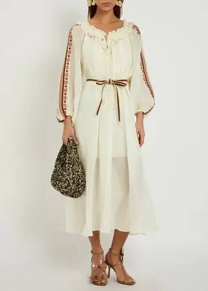 Zimmermann Aster Embroidered Belted Ramie Maxi Dress - Cream