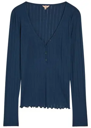 Eberjey Pointelle-knit Henley Top - Navy