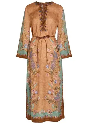 Zimmermann Indra Belted Printed Linen Midi Tunic Dress - Tan