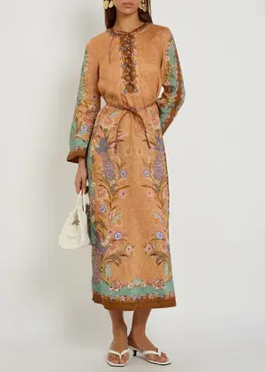 Zimmermann Indra Belted Printed Linen Midi Tunic Dress - Tan