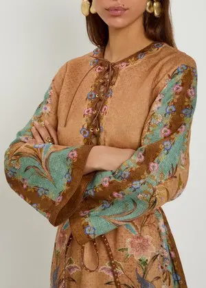 Zimmermann Indra Belted Printed Linen Midi Tunic Dress - Tan