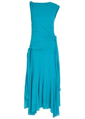 GANNI Draped Asymmetric Mesh Midi Dress - Light Blue
