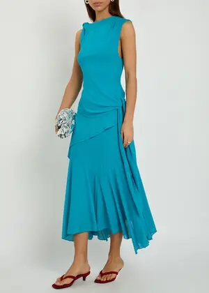 GANNI Draped Asymmetric Mesh Midi Dress - Light Blue
