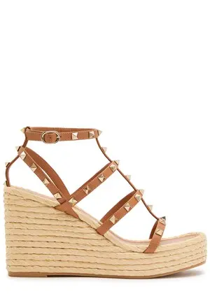 Valentino Garavani Rockstud Leather Wedge Espadrilles - Tan