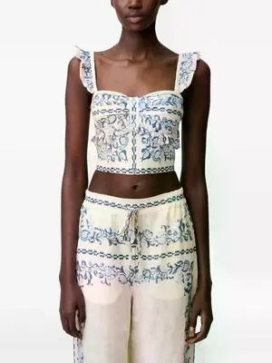 Claudie Pierlot Ruffled Floral-print Linen Bustier Top