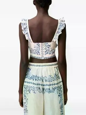 Claudie Pierlot Ruffled Floral-print Linen Bustier Top