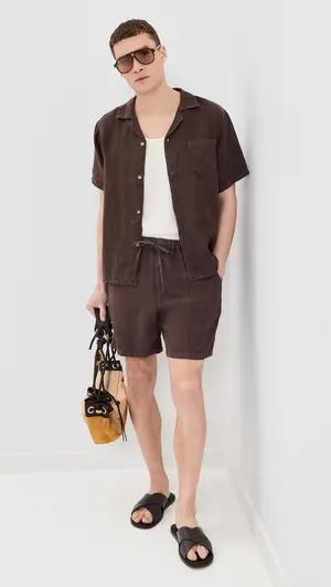 BATHER Short Sleeve Linen Camp Shirt - Espresso