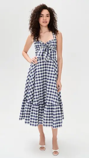 Shoshanna Nellie Gingham Midi Dress With Bow Detail