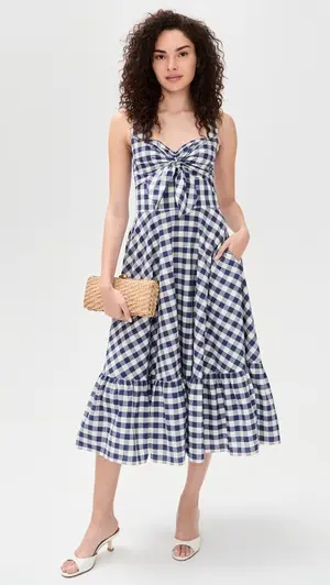 Shoshanna Nellie Gingham Midi Dress With Bow Detail