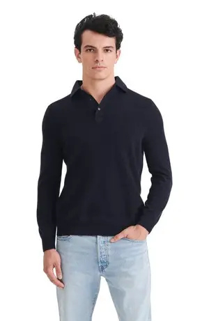 Naadam Signature Cashmere Long Sleeve Polo - Navy