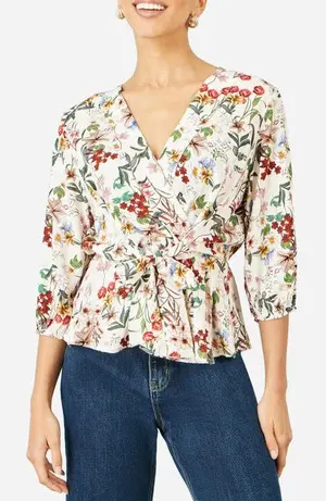 YUMI Botanical Print Wrap Top