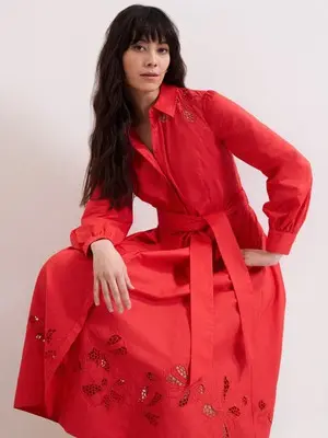 PHASE EIGHT Cutwork Hem Midi Dress - Red