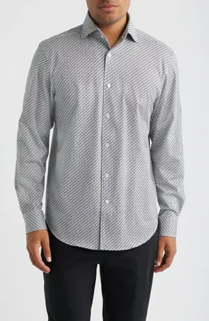 Bugatchi Devon Ooohcotton® Geometric Print Long Sleeve Button-up Shirt - Platinum