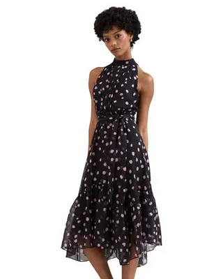 PHASE EIGHT Sleeveless Halterneck Polka Dot Midi Dress - Black